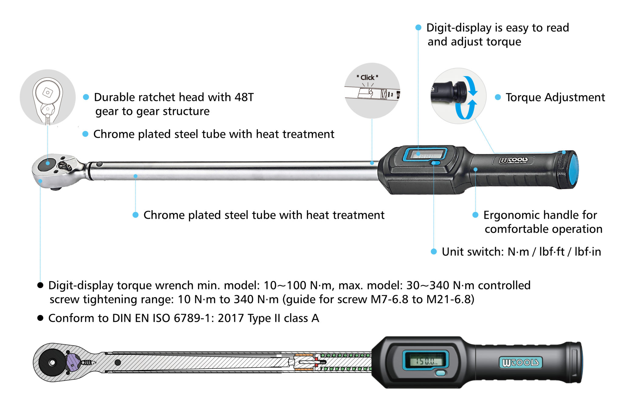 3/8″ Digit-display Torque Wrench 10~100 N·m – William Tools